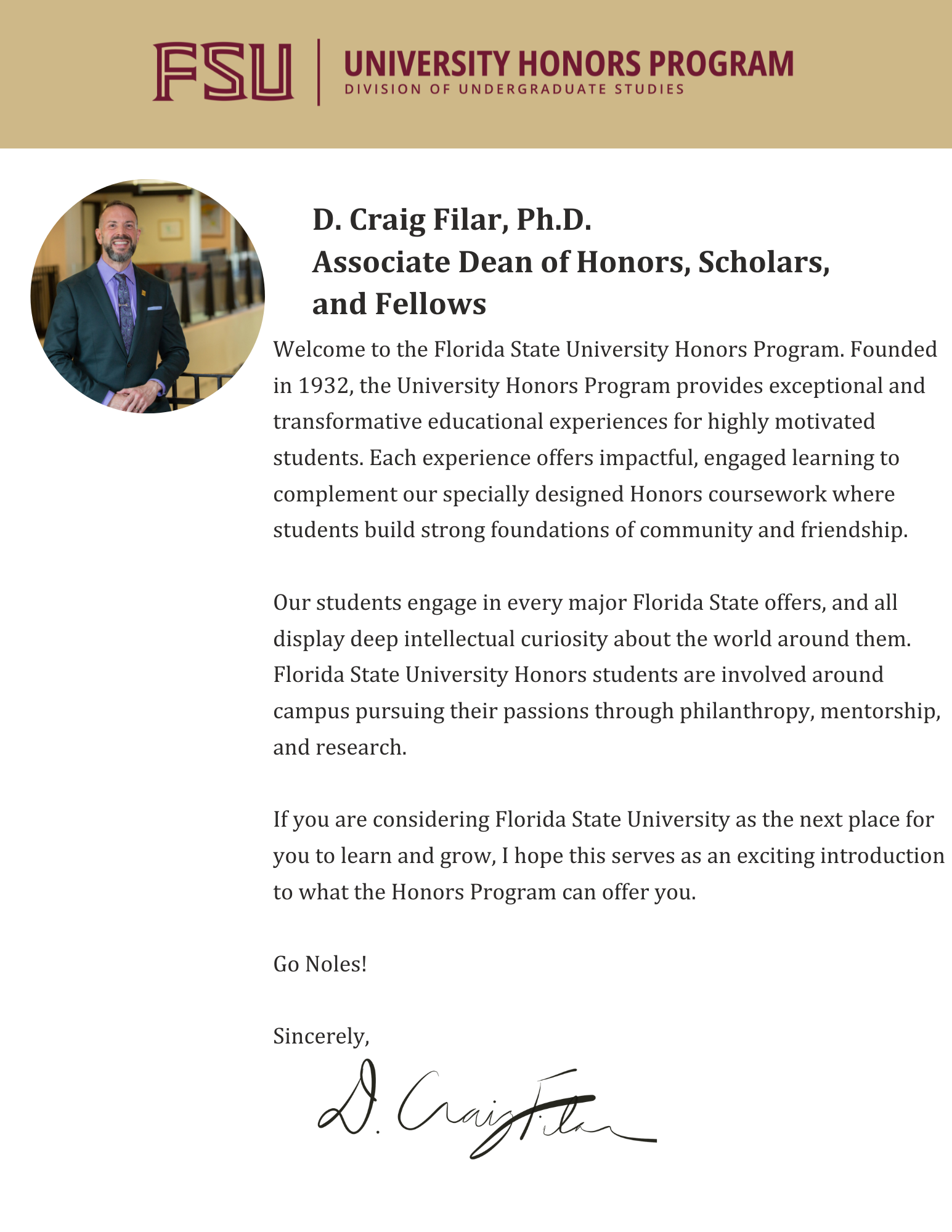 Letter from the Associate Dean | University Honors Program